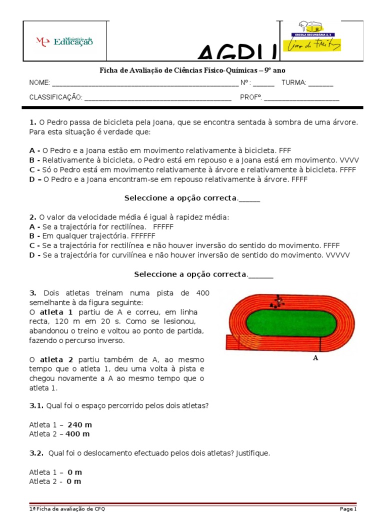 1º Teste Hugo 2010-11 Correcçao | PDF | Velocidade | Energia cinética