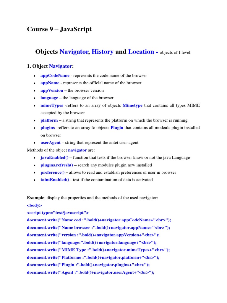 Course 9 - Javascript: Navigator History Location | PDF | Information Technology | Computer Data