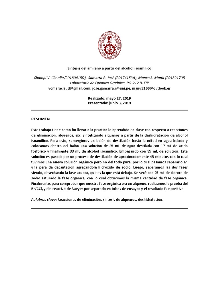 Síntesis Del Amileno A Partir Del Alcohol Isoamílico | PDF | Alqueno ...