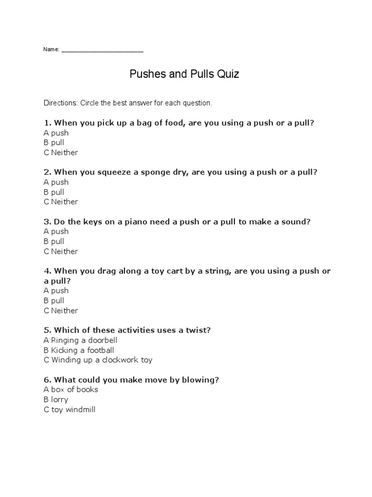 Pushes and Pulls Quiz: Name | PDF