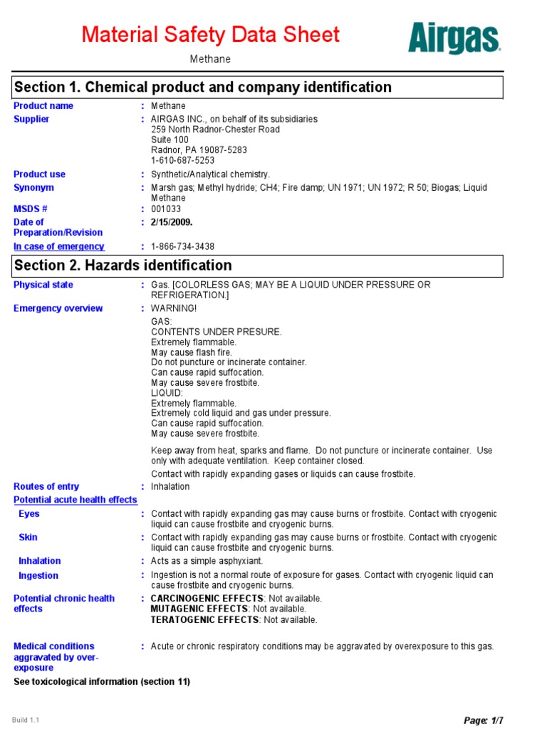 Material Safety Data Sheet: Section 1. Chemical Product and Company Identification | PDF ...