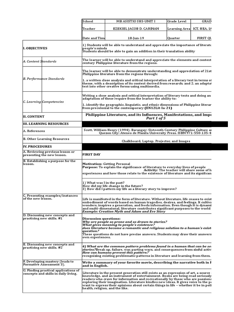 A. Content Standards: Philippine Literature, and Its Influences ...