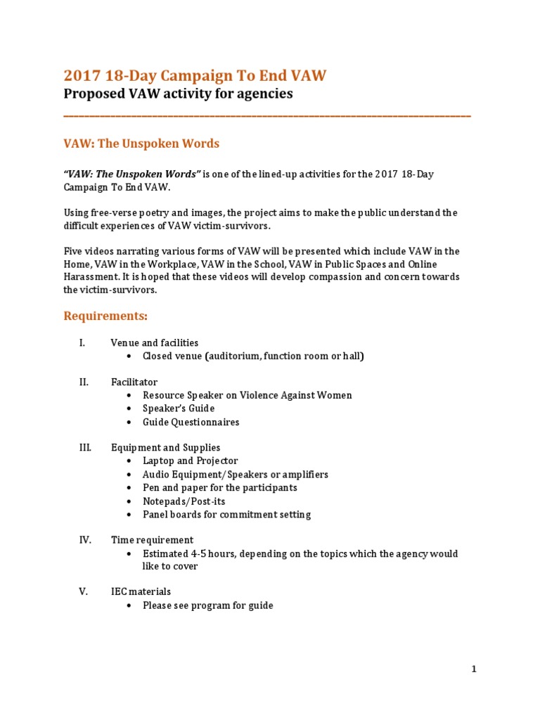 2017 18-Day Campaign To End VAW: Proposed VAW Activity For Agencies ...