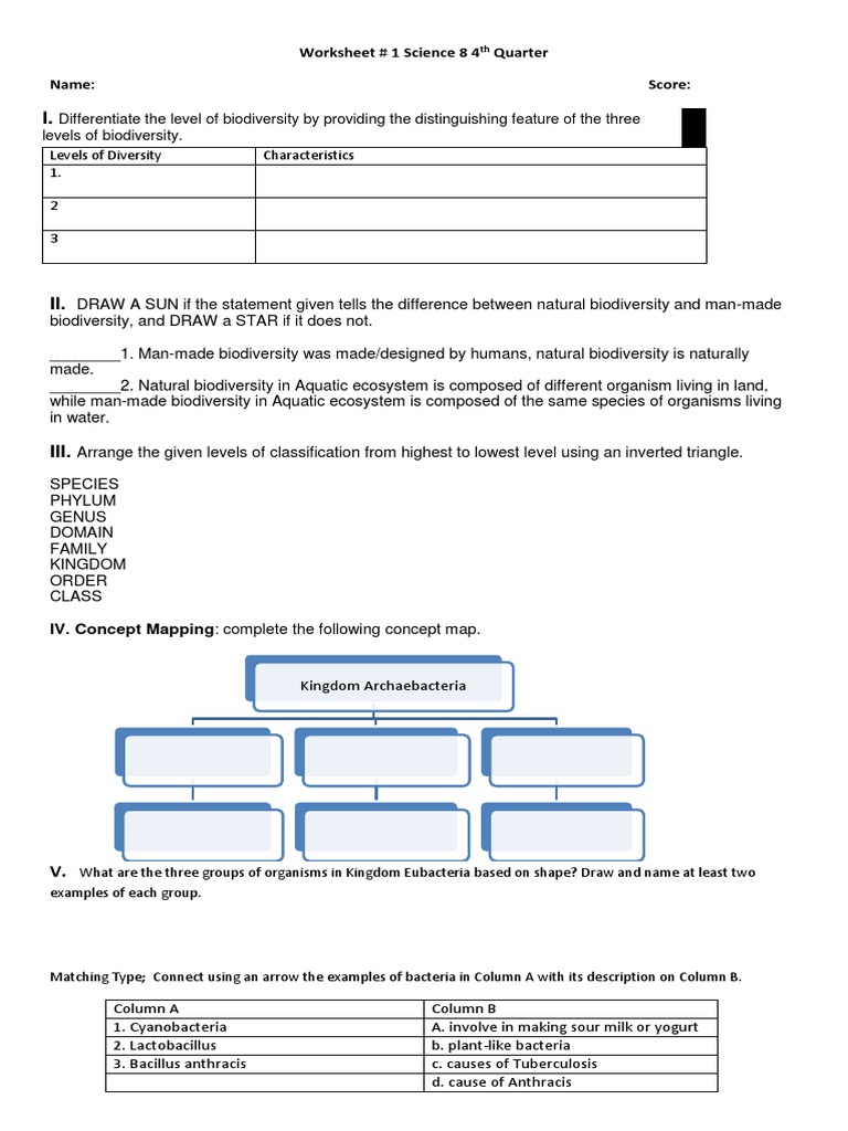 Worksheet # 1 Science 8 4 Quarter Name: Score:: Kingdom Archaebacteria ...