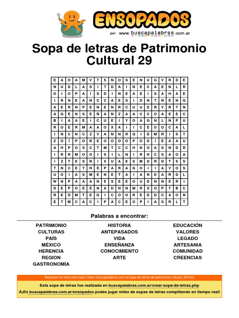 Sopa de Letras Patrimonio Cultural | PDF | Antropología cultural