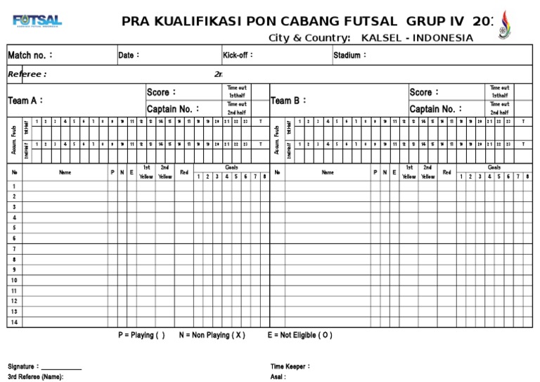 Scorecard Documenting a Futsal Match Between Two Teams in Kalimantan ...