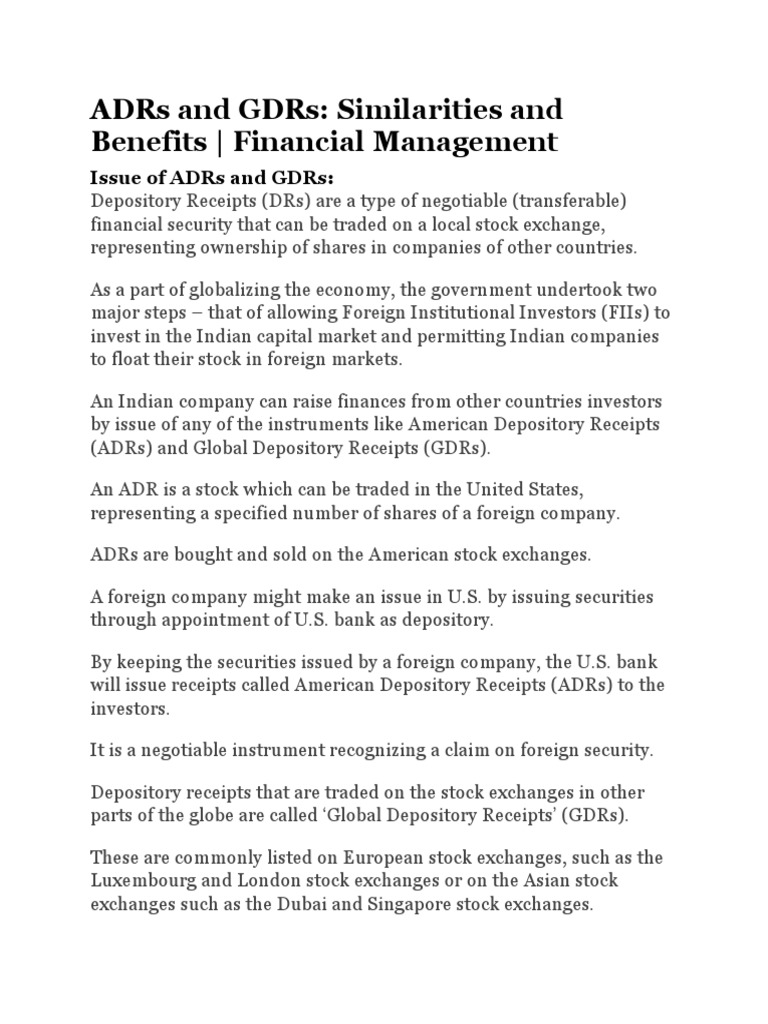 Adrs and GDRS: Similarities and Benefits - Financial Management | PDF ...