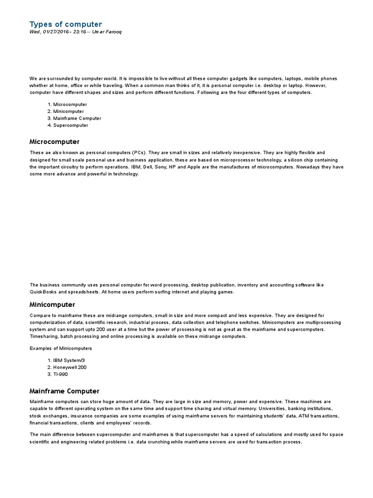 Types of Computer Mainframe, Mini, Micro Supercomputer | PDF ...