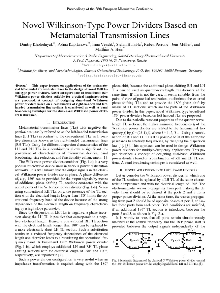 Novel Wilkinson-Type Power Dividers Based On Metamaterial Transmission ...