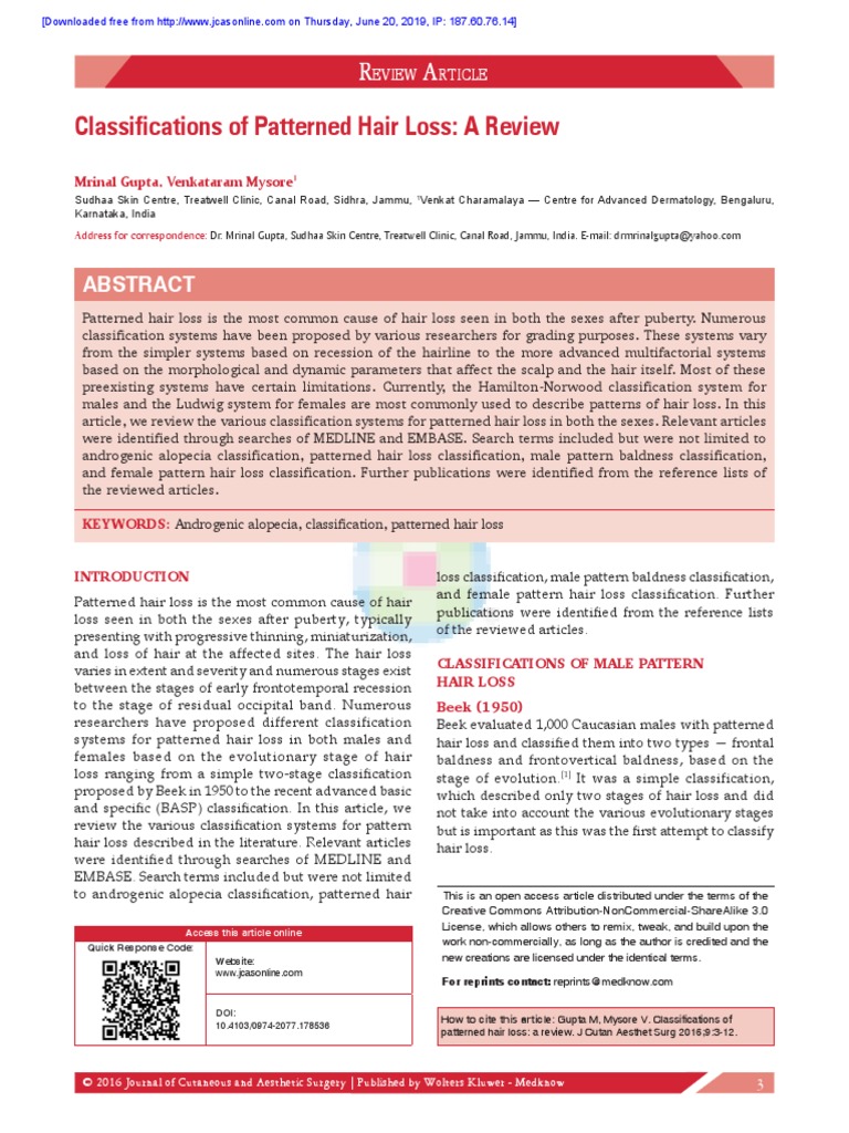 Classifications of Patterned Hair Loss - A Review | PDF | Hair Loss | Hair
