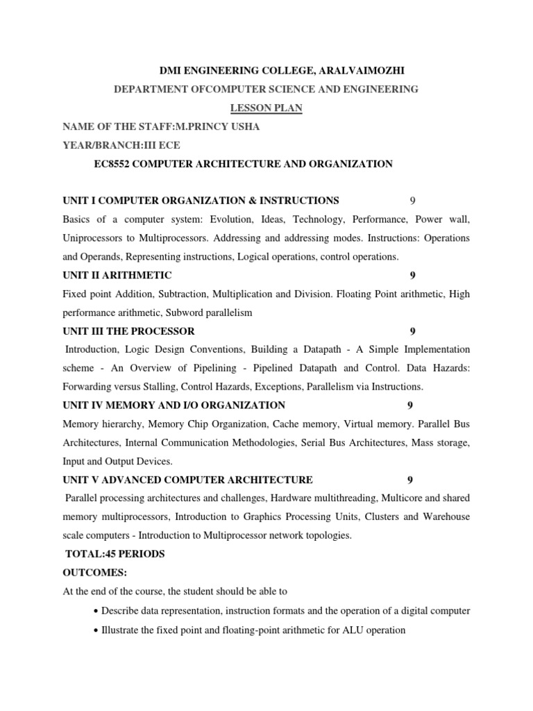 Computer Architecture and Organization Lesson Plan for Third Year ECE Students | PDF | Parallel ...