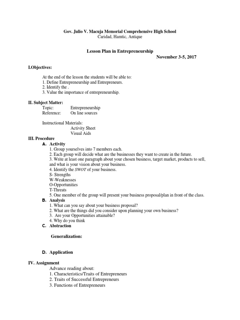 Entrepreneurship Lesson Plan Overview | PDF