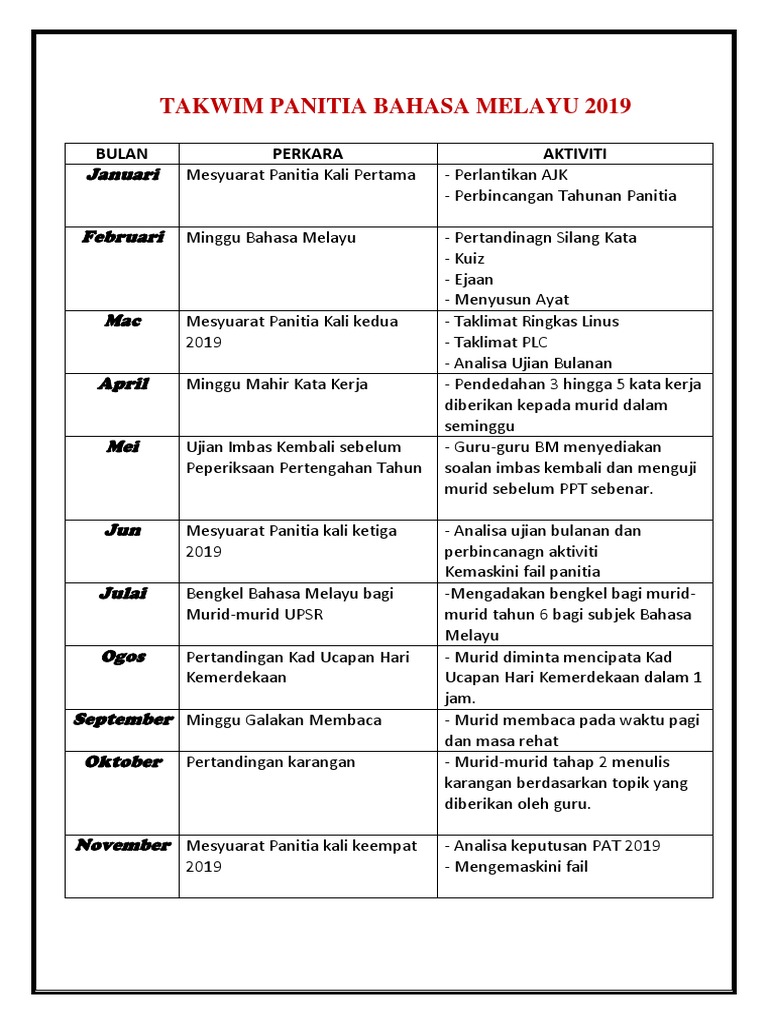 Takwim BM 2019 | PDF
