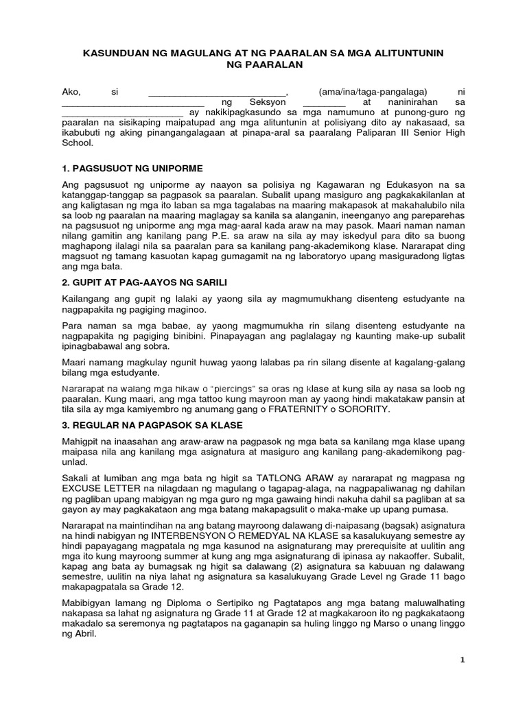 Kasunduan NG Magulang at NG Paaralan Sa Mga Alituntunin NG Paaralan | PDF