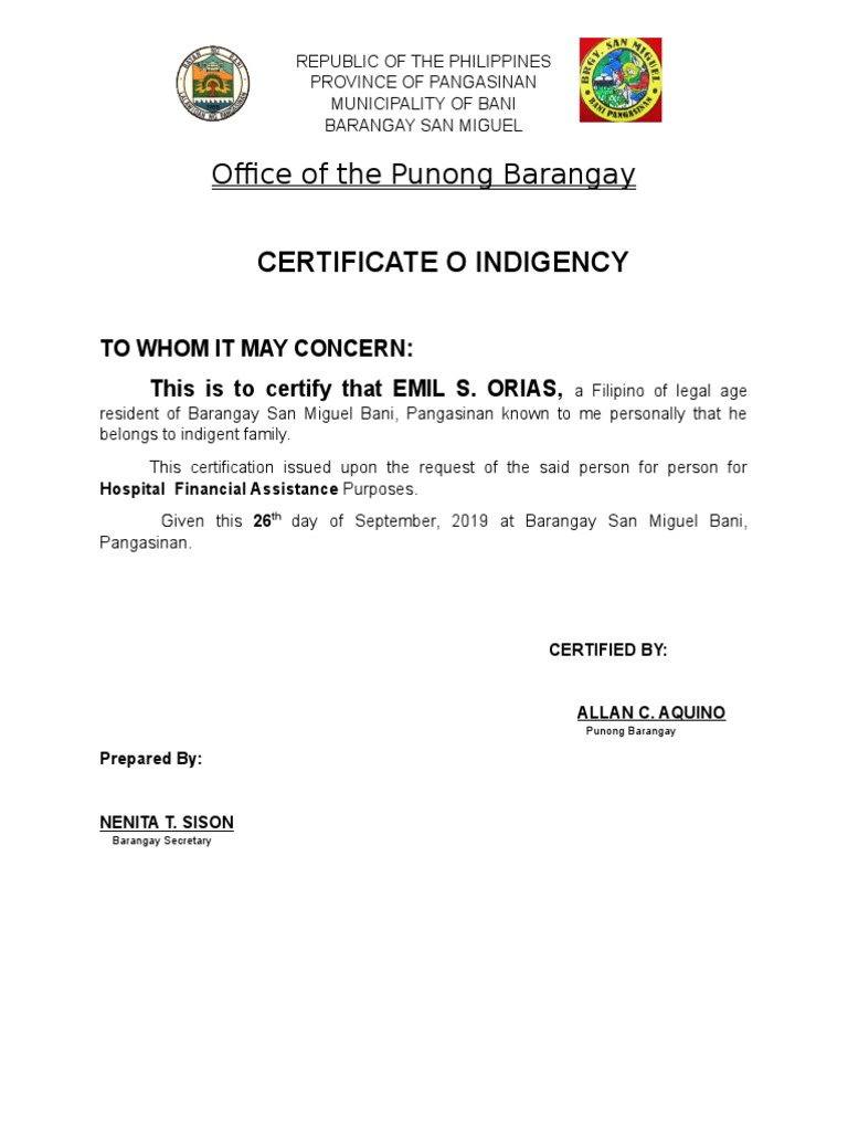 Office of The Punong Barangay: Certificate O Indigency | PDF