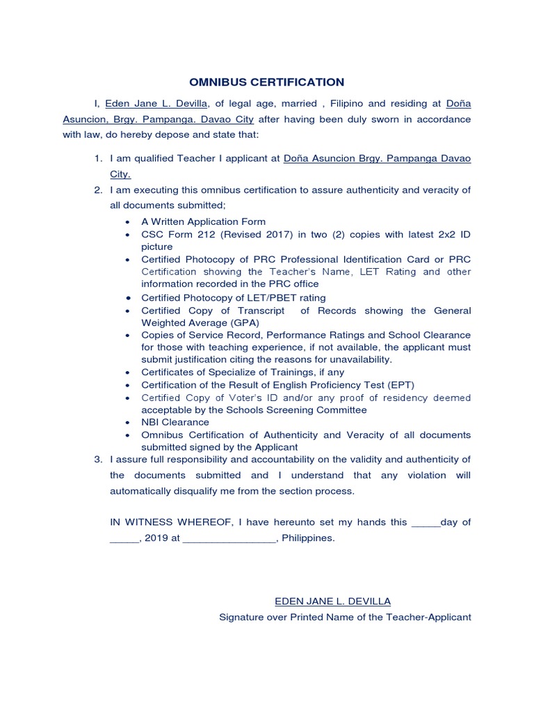 Omnibus Certification of Authenticity and Veracity of Documents for ...