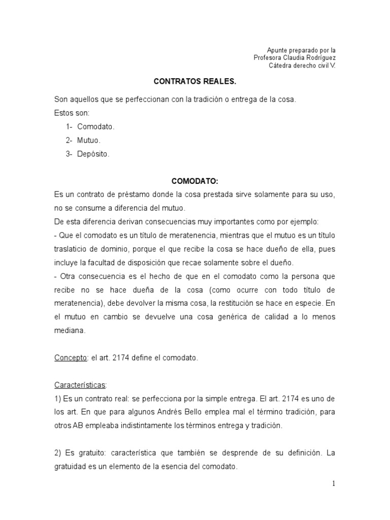 Contratos Reales.: Apunte preparado por la Profesora Claudia Rodríguez ...