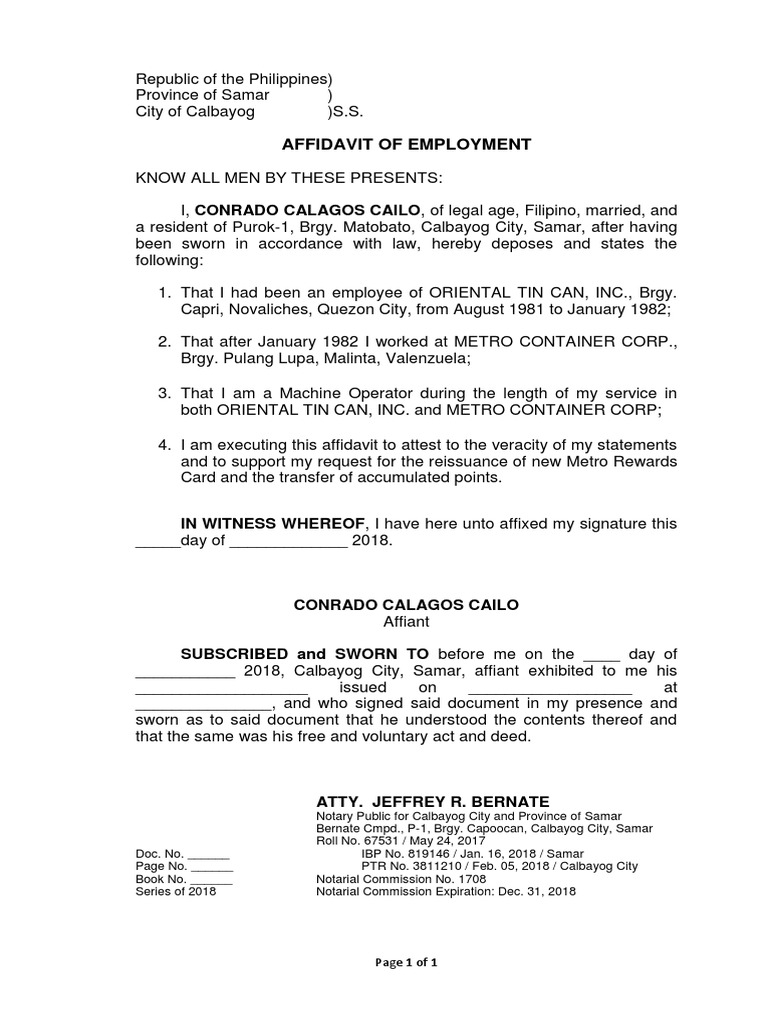 Affidavit of Employment - Conrado Cailo | PDF | Finance & Money Management