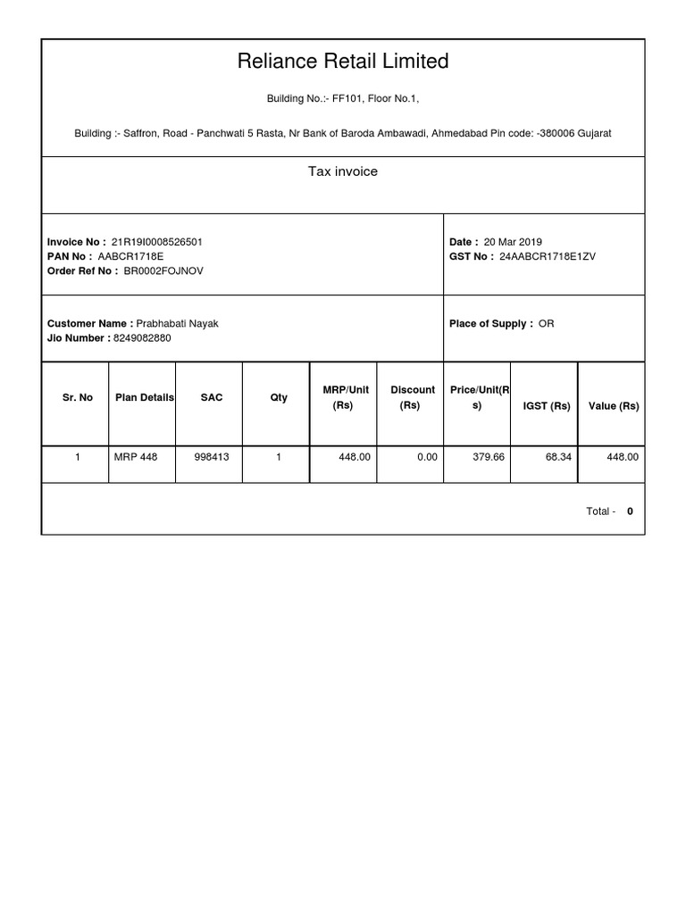 Reliance Retail Tax Invoice Details | PDF
