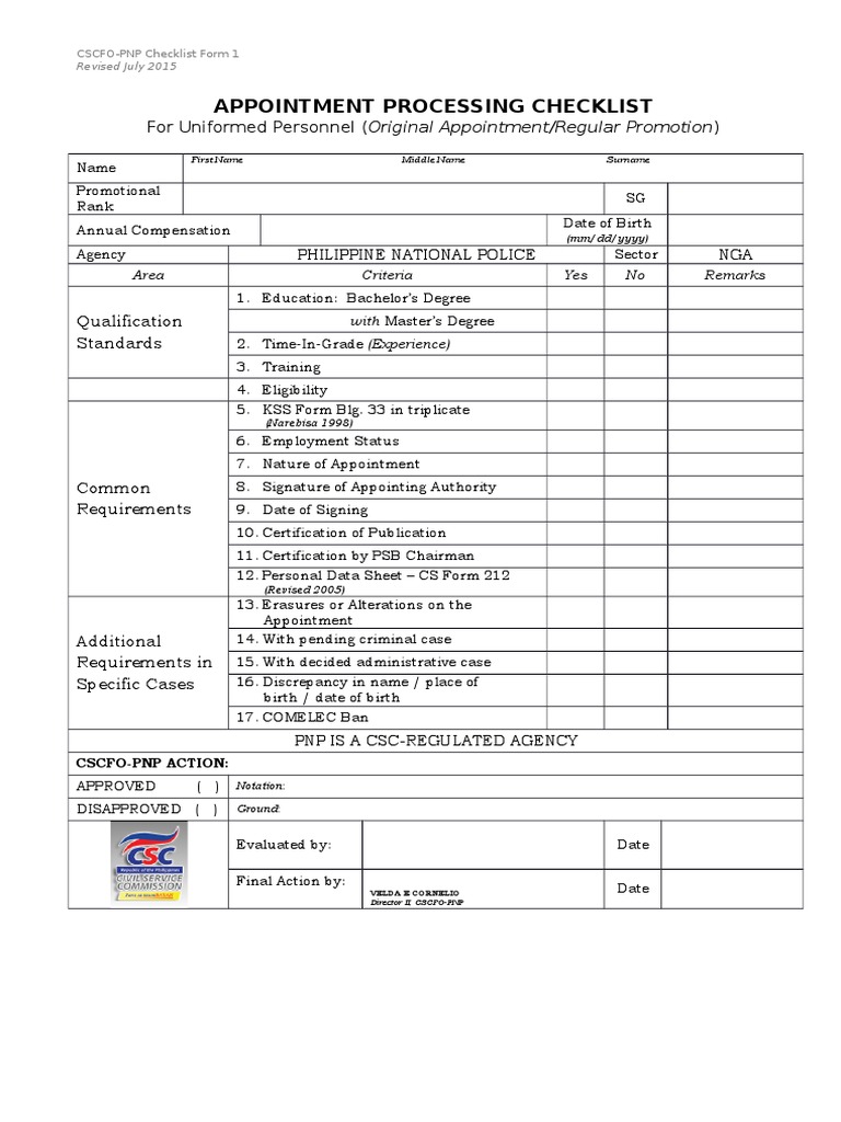PNP Appointment Checklist Form | PDF