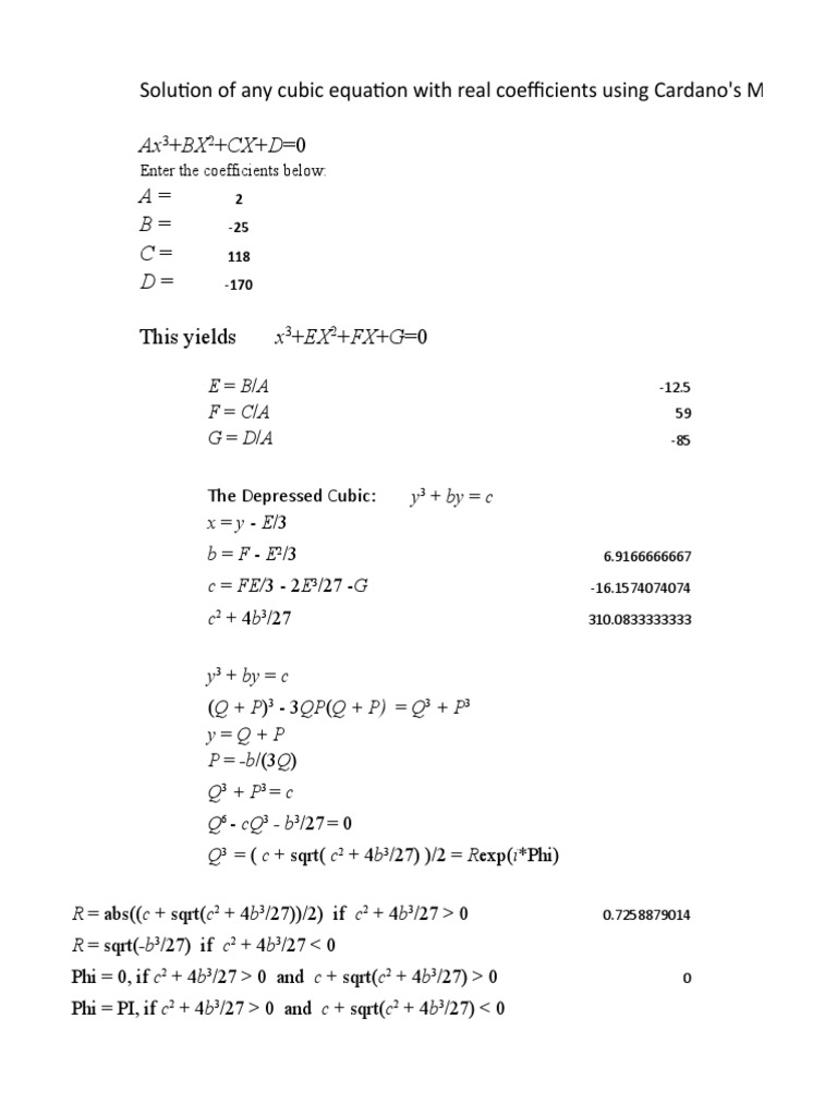 Solving a Cubic Equation Using Cardano's Method: Application to the ...