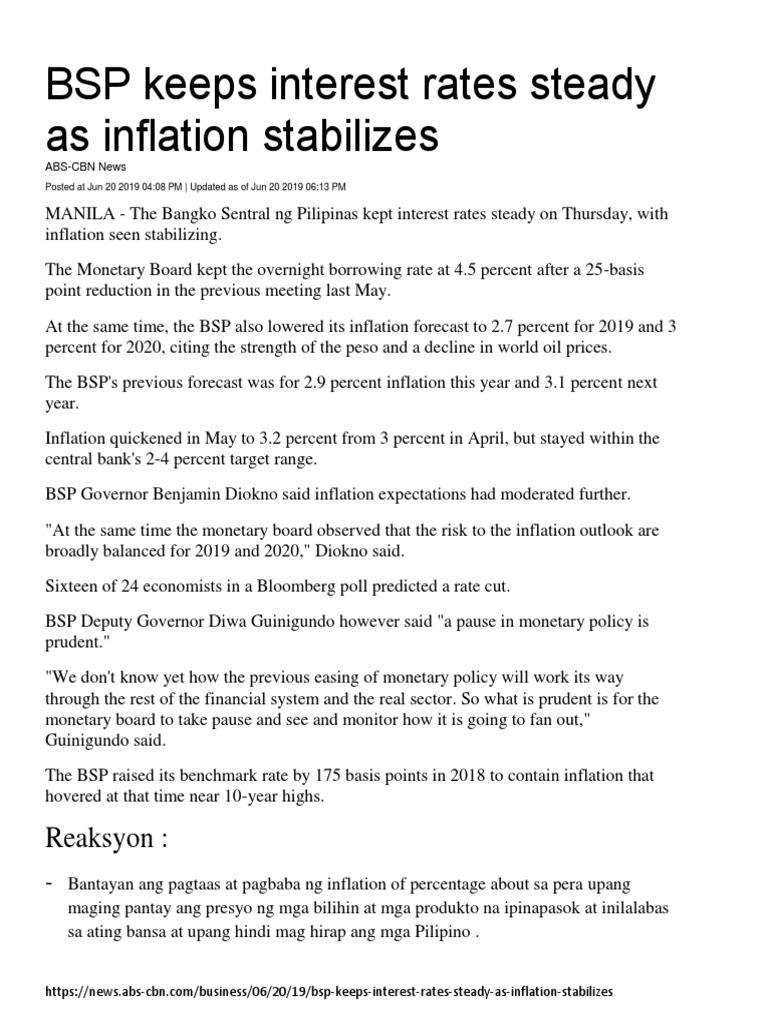 BSP Keeps Interest Rates Steady As Inflation Stabilizes: Reaksyon | PDF