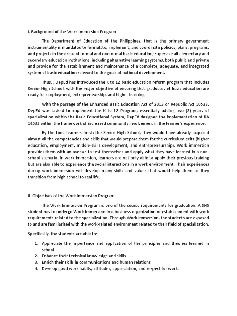 Background of the Work Immersion Program | Curriculum | Learning