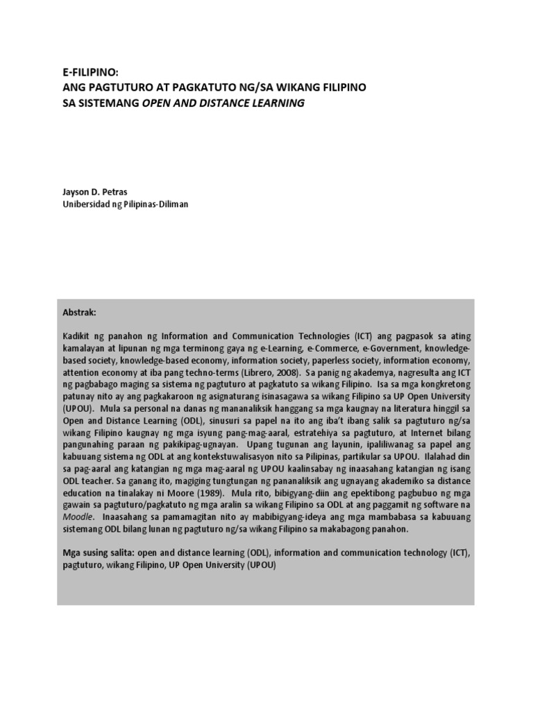 E-Filipino: Ang Pagtuturo at Pagkatuto Ng/sa Wikang Filipino Sa ...