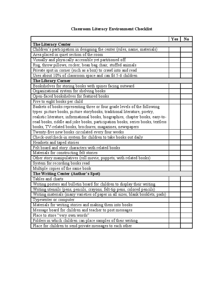 Literacy Center Checklist - Morrow | Download Free PDF | Books | Writing