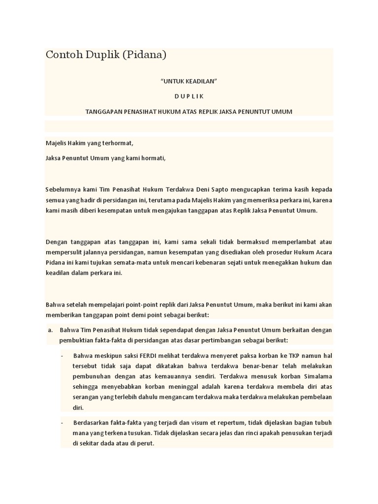 Duplik Pidana-Contoh 1 | PDF