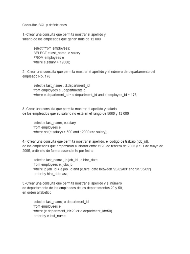 Ejemplo de Consultas SQL y Definiciones | Descargar gratis PDF | SQL | Recuperación de información