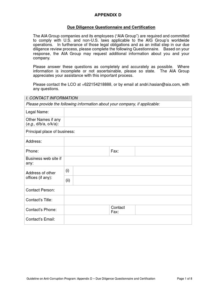 Appendix D: Due Diligence Questionnaire and Certification | PDF | Due ...