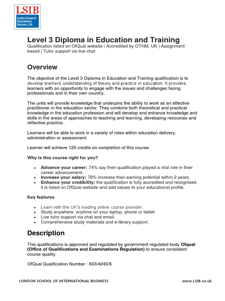 Level 3 Diploma in Education and Training | PDF | Diploma | Educational ...