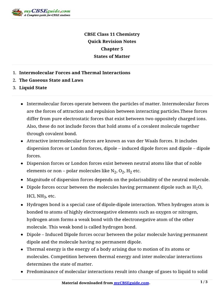 Class 11 Chemistry: States of Matter Notes | PDF | Intermolecular Force ...