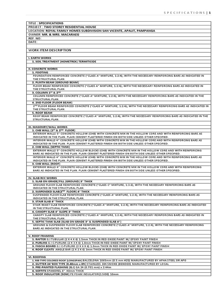 Specifications (Building Permit) | PDF | Concrete | Reinforced Concrete