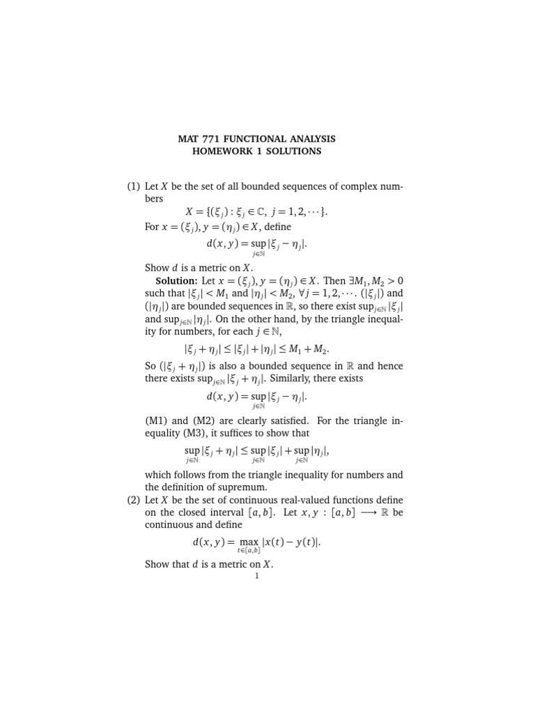 Mat 771 Functional Analysis Homework 1 Solutions: J J J J N J J | PDF | Metric (Mathematics ...