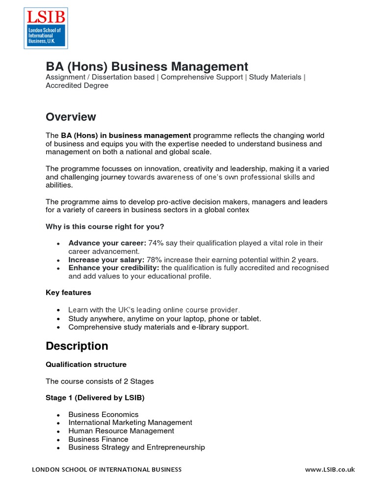 BA (Hons) Business Management | PDF | Diploma | Academic Degree