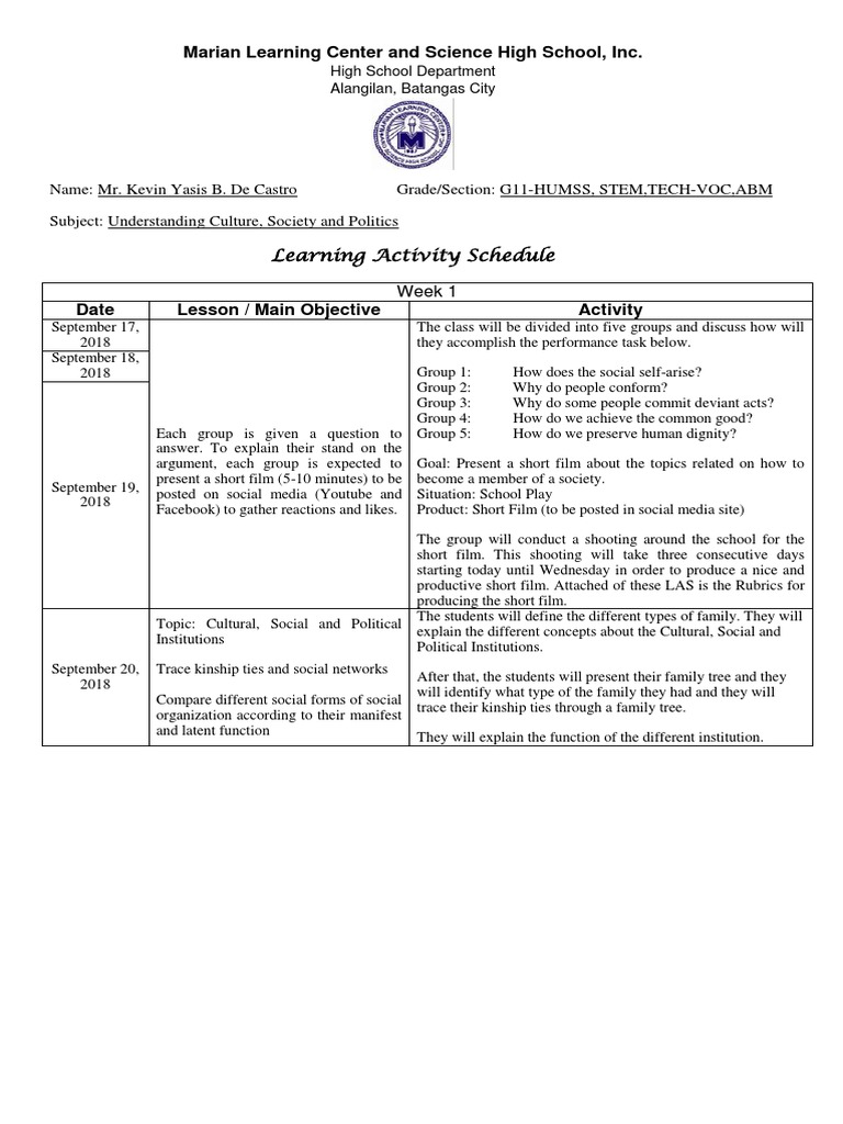 Learning Activity Schedule: Marian Learning Center and Science High ...