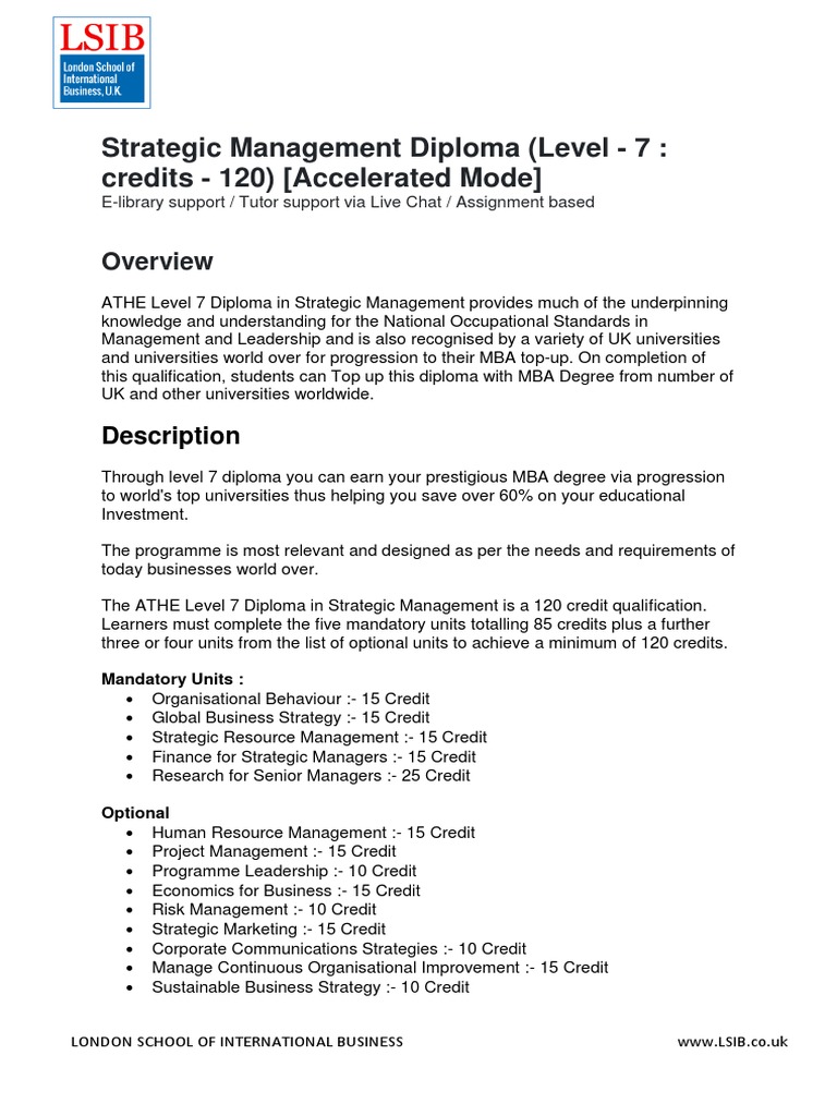 Strategic Management Diploma (Level - 7: Credits - 120) (Accelerated ...