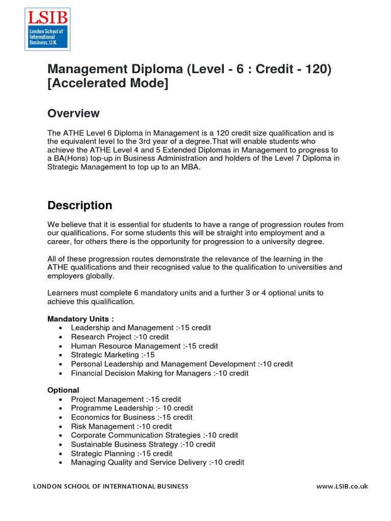ATHE Level 6 Management Diploma Overview | PDF | Academic Degree ...
