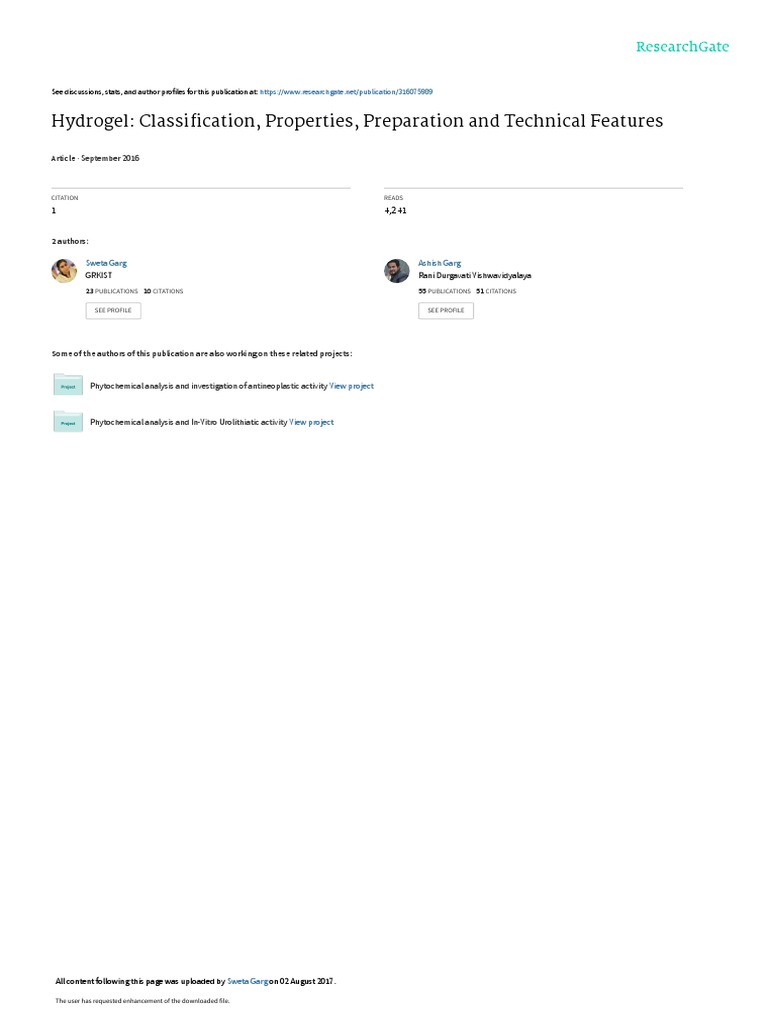 Hydro Gel Classification Properties Preparation and Technical Features ...