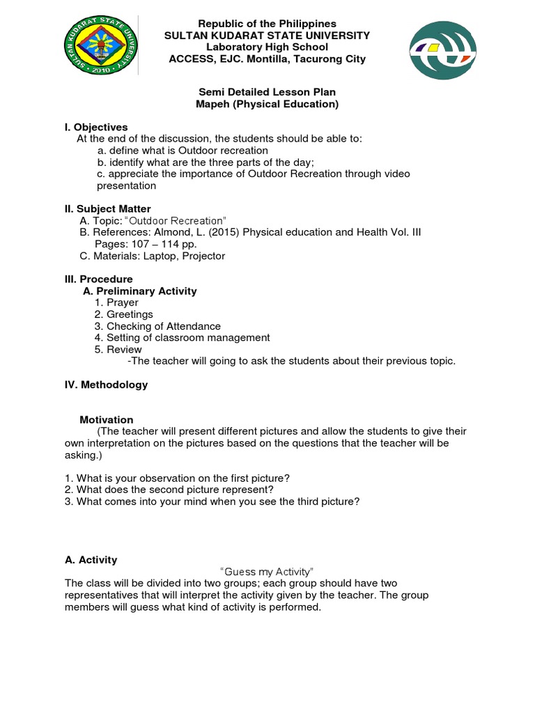 Semi Detailed Lesson Plan in Outdoor Recreation | Physical Education ...