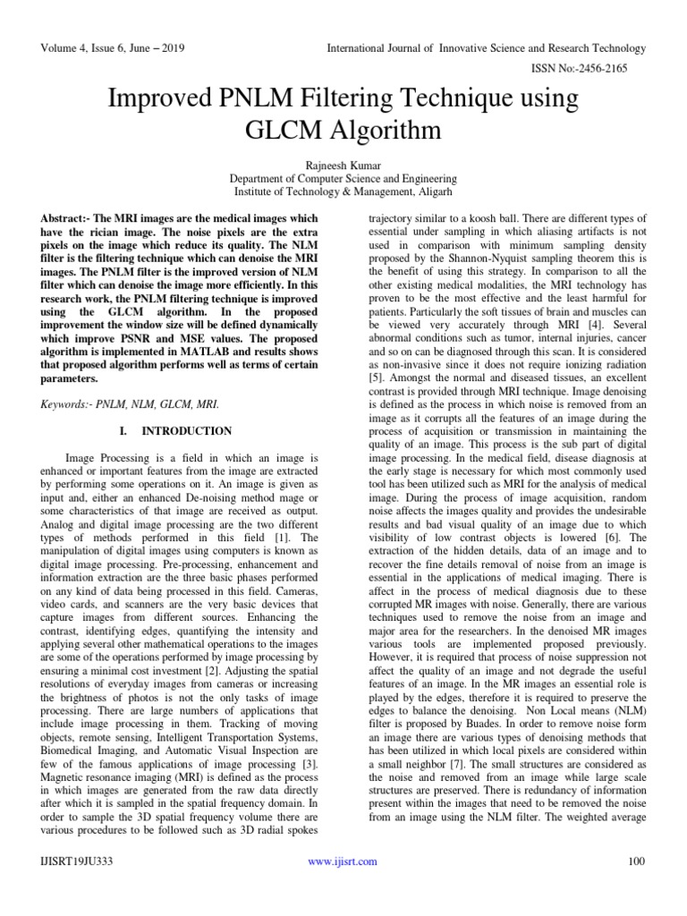 Improved PNLM Filtering Technique Using GLCM Algorithm | PDF | Medical ...
