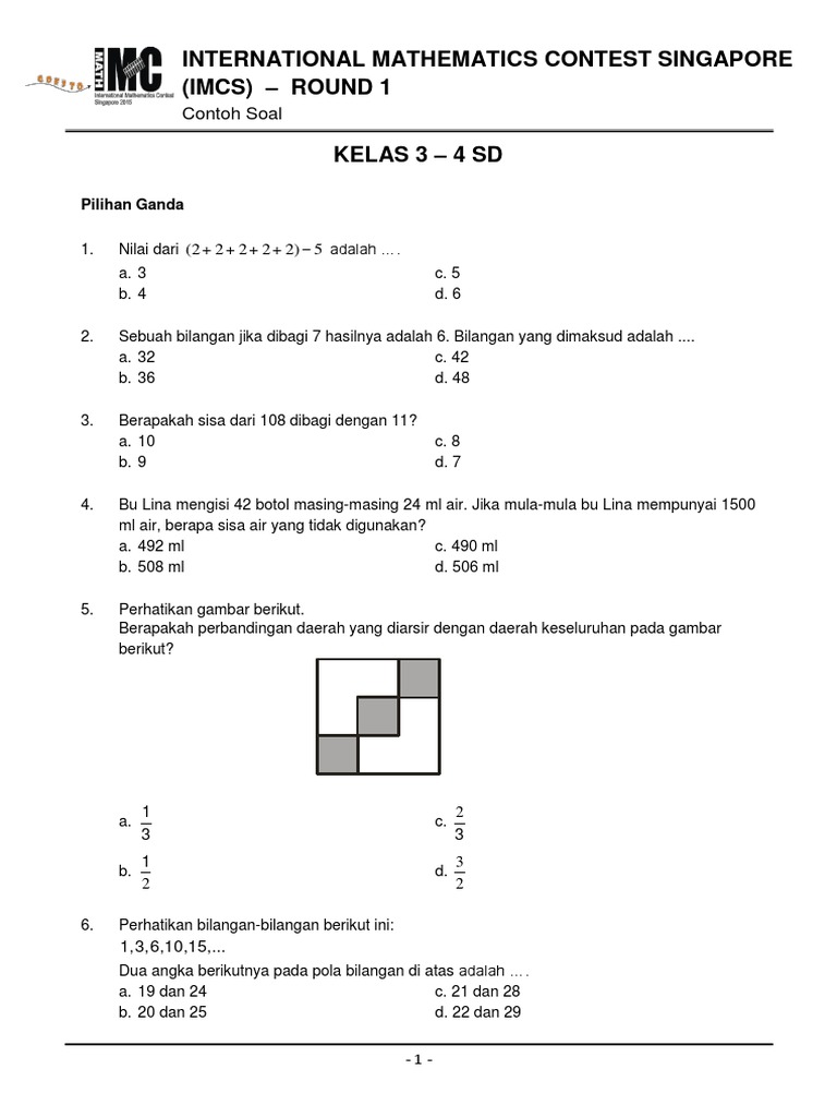 International Mathematics Contest Singapore (IMCS) - Round 1 - 4 SD | PDF