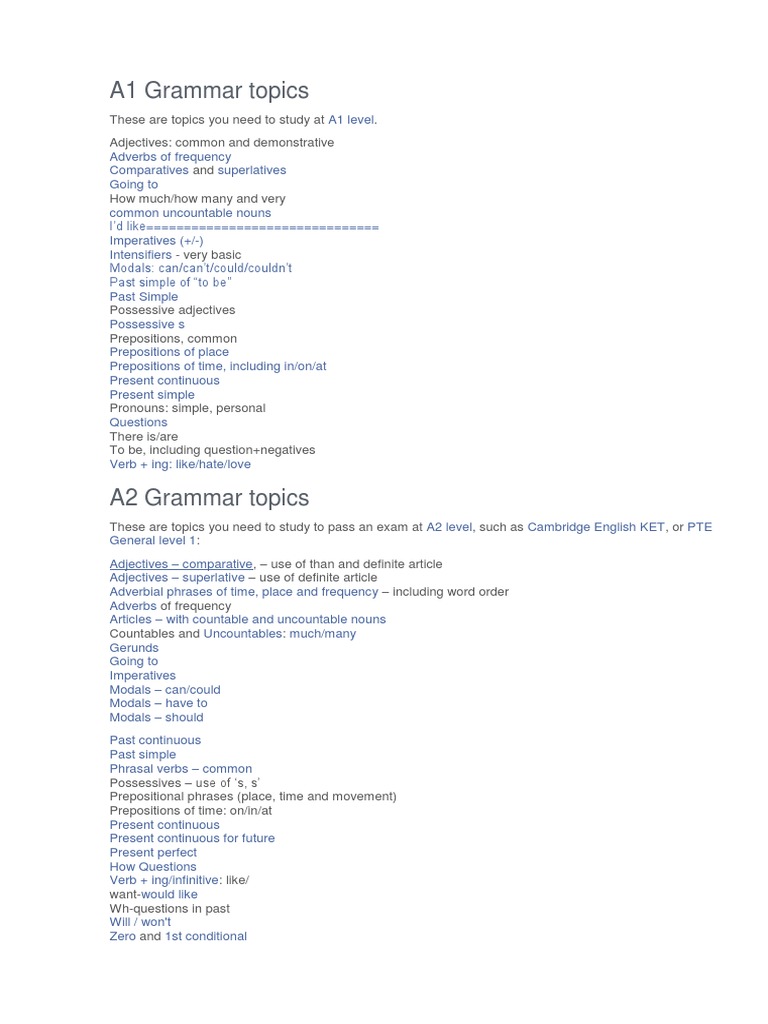 A1 Grammar Topics | PDF | English Grammar | Onomastics