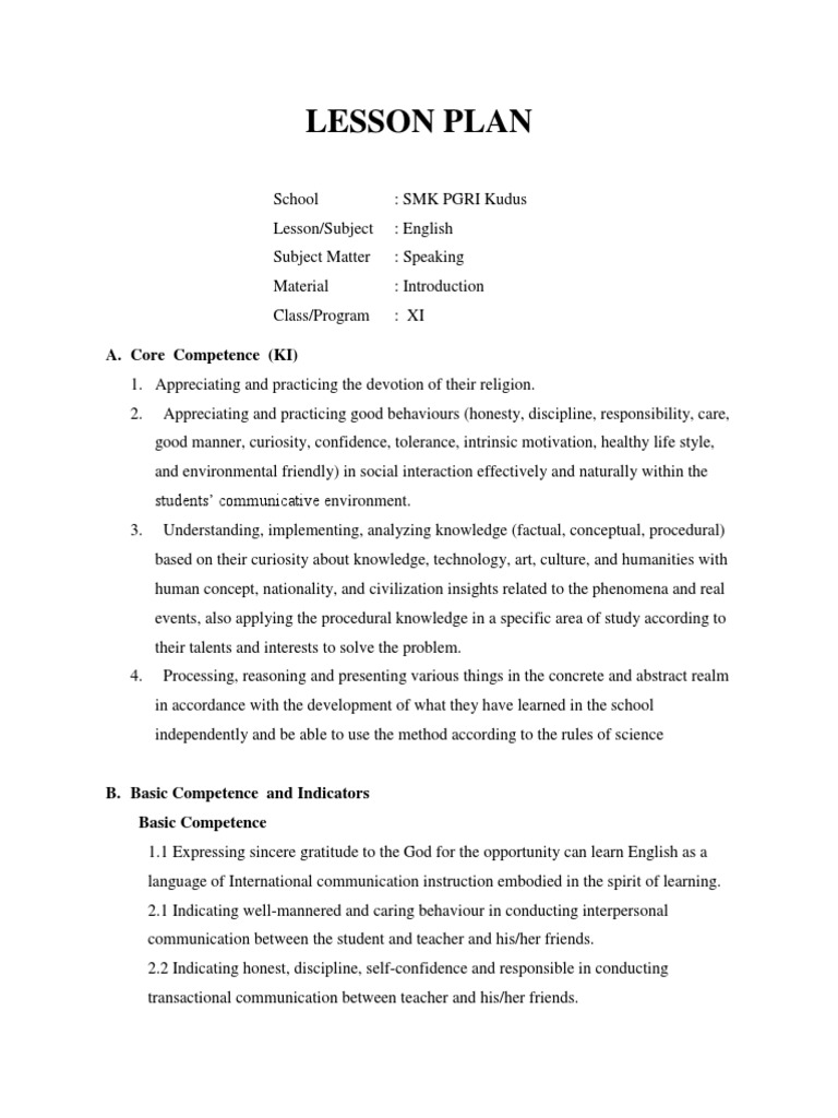 Lesson Plan: A. Core Competence (KI) | PDF | Lesson Plan | Communication
