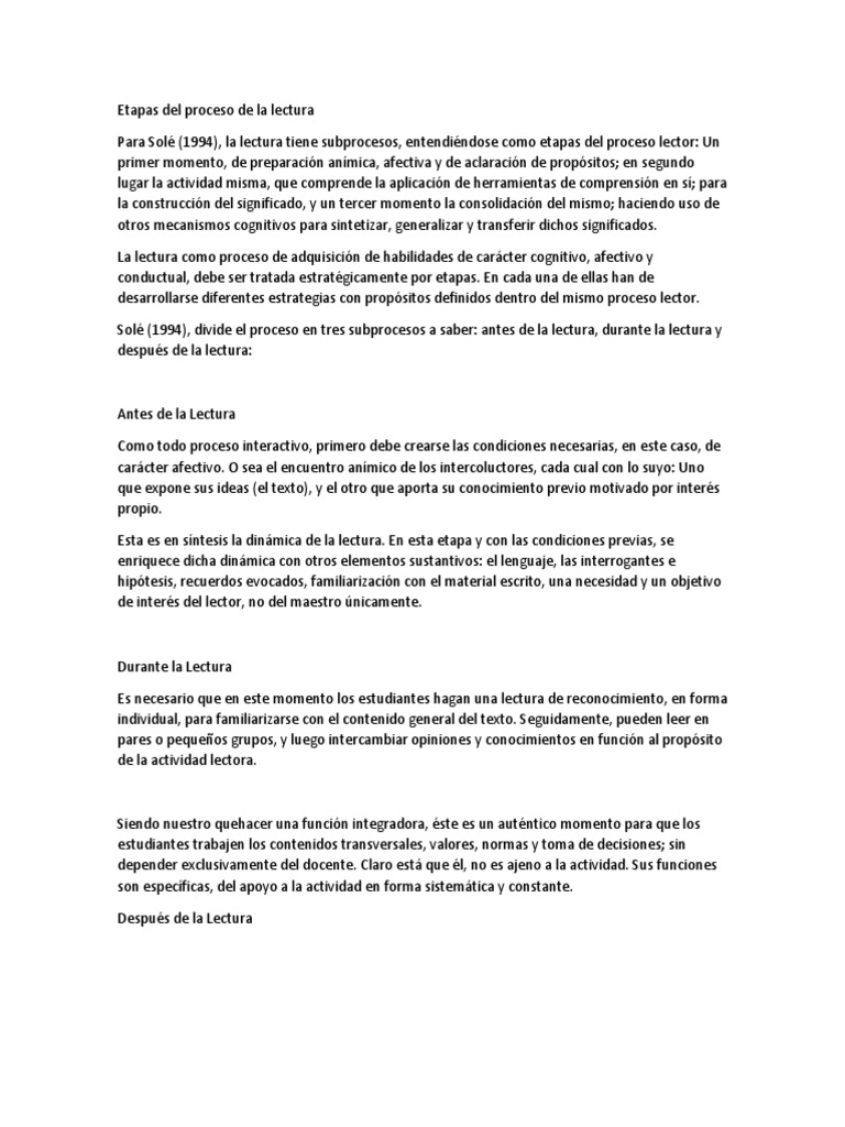 Etapas Del Proceso de La Lectura Isabel Sole | PDF | Comprensión ...