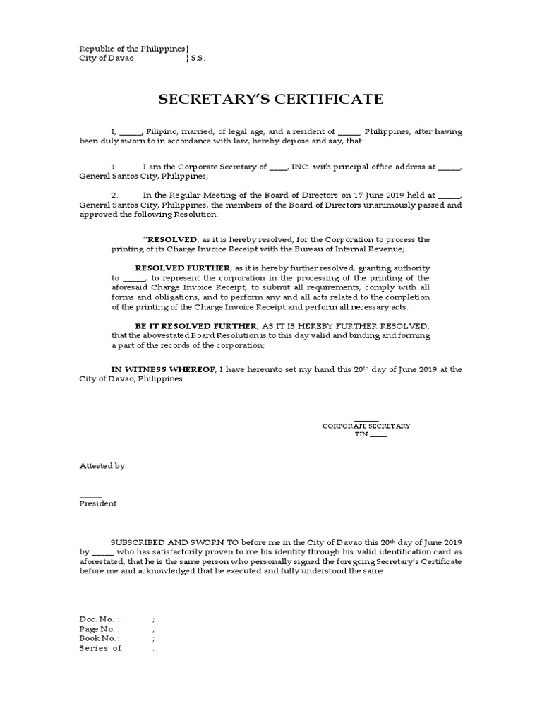 Secretary's Certificate for Corporate Resolution | PDF
