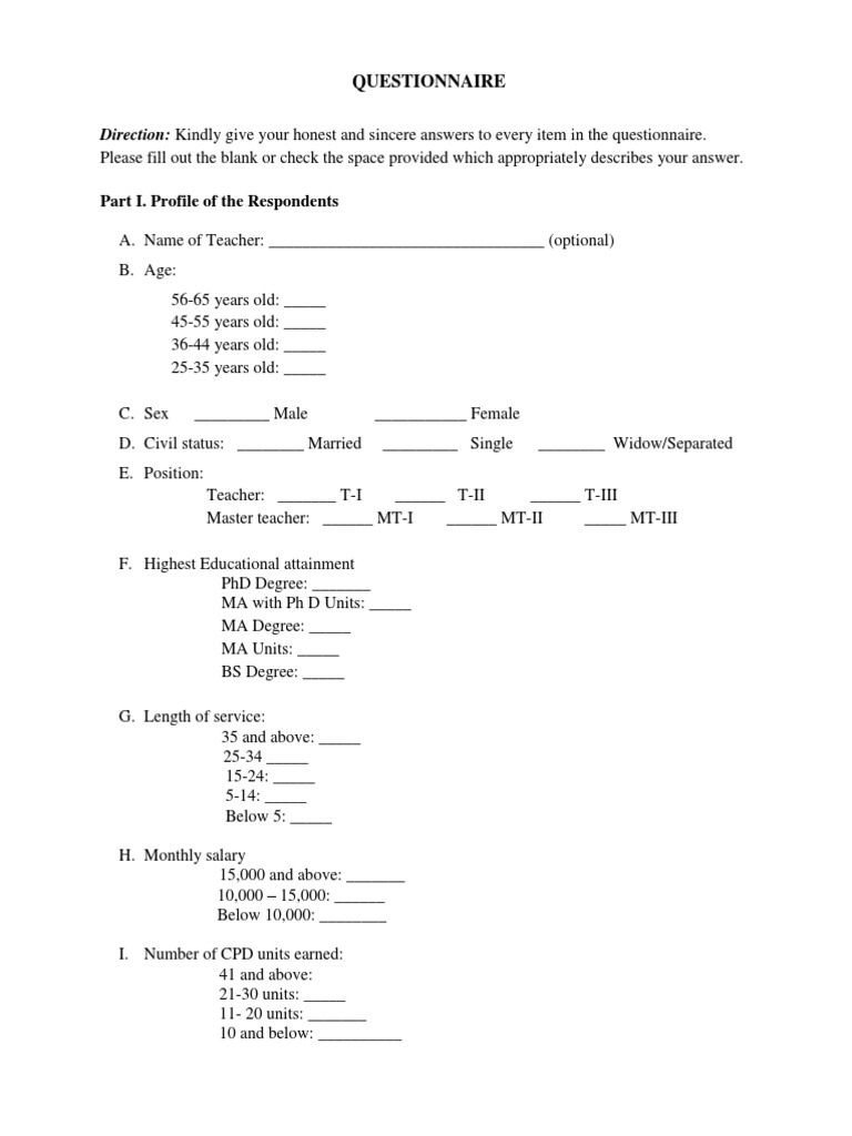 Direction: Kindly Give Your Honest and Sincere Answers To Every Item in ...