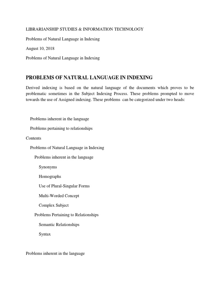 PROBLEMS OF NATURAL LANGUAGE INDEXING | PDF | Semantics | Grammatical ...